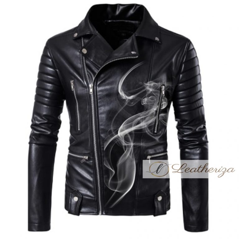 Buy Stylish Smoking Skull Black Biker Leather Jacket For Men